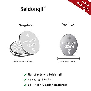 Beidongli CR1616 Battery 3V Lithium Battery Coin Button Cell 10 Pack 【5-Year Warranty】