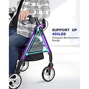 Quicwell Heavy Duty Rollator Walker with Large Paded Seat, Bariatric Rolling Walker with Wide Comfort Backrest for Seniors and Adults, Adjustable Seat, Large 8" Wheels, Support Up 450 lbs, Purple