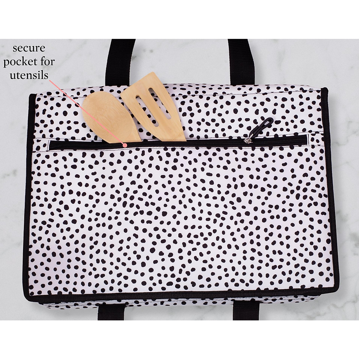 Steel Mill & Co Casserole Carrier for Hot or Cold Food, Fits 9”x13” Glass Baking Dish with Lid, Insulated Food Carrier for Picnics, Cookouts, and Potlucks, Black Dots