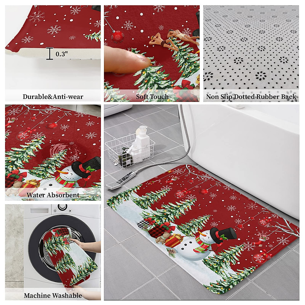 Libaoge Kitchen Mat Rug 1 PCS Christmas Snowman Xmas Tree Gift Winter Snow Red Runner Rug Anti-Fatigue Comfort Memory Foam Standing Mat Non-Slip Floor Door Mat for Bathroom Bedroom 20x63in