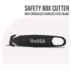 Safety Box Cutter. tksUSA here, your Cutter Stainless, Steel Package Opener. Pack Safety Knife Package Box Opener with Ergonomic Film Cutting Blade for Box, Carton, Shrink Wrap, Plastic Straps