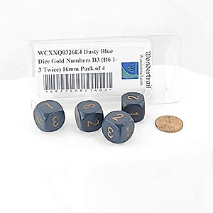 Dusty Blue Opaque Dice with Gold Numbers D3 (D6 1-3 Twice) 16mm (5/8in) Pack of 4 Wondertrail