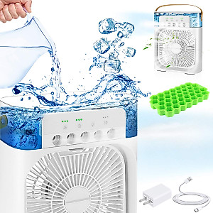 Portable Air Conditioner Fan,900ML Personal Air Conditioner with Ice Tray,5in1 Timming Evaporative Air Cooler,Cooling Fan with 7 Colors Light, 5 Sprays,3 Speeds,Ac Fan for Small Room,Office,Car,Camp (White)