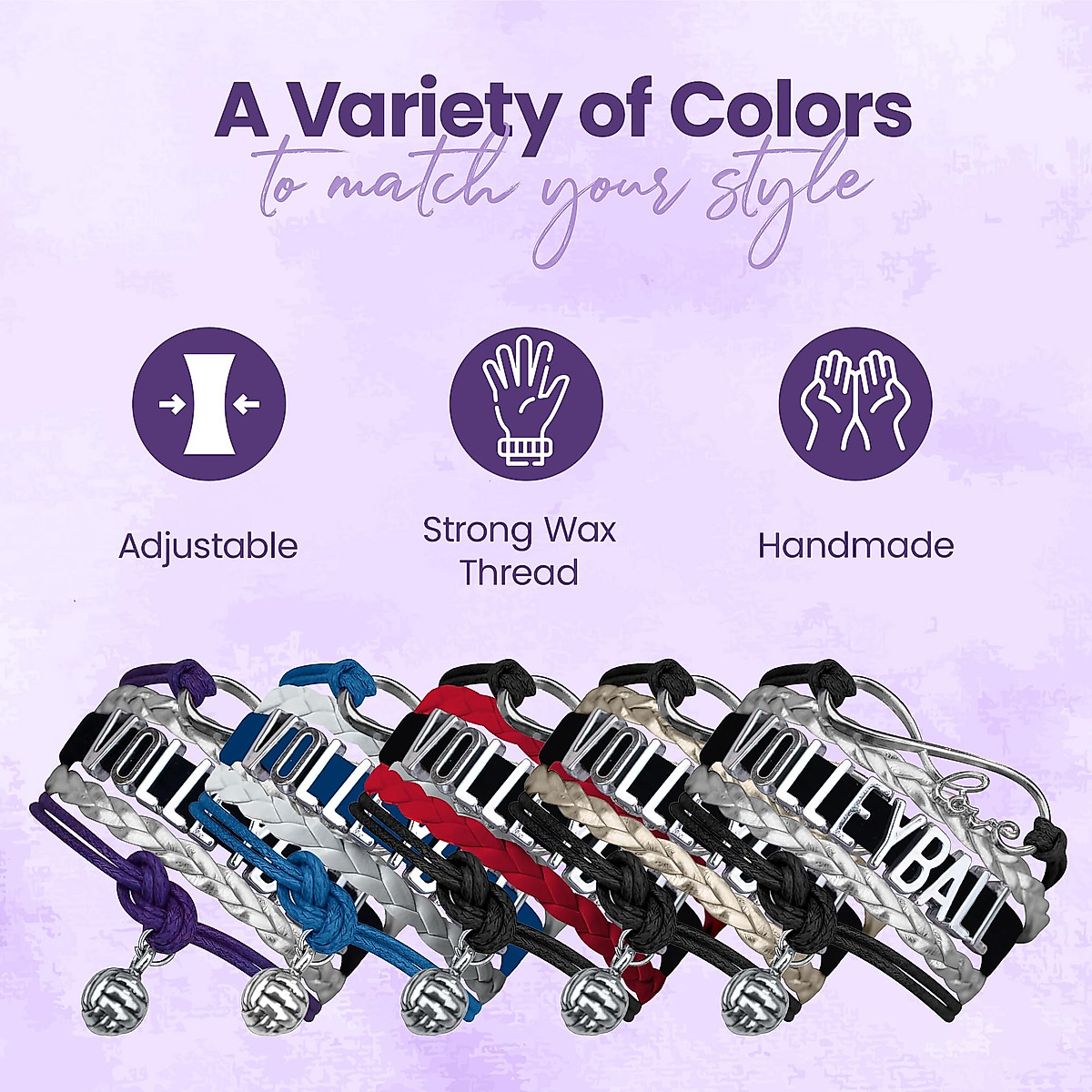 Volleyball Bracelet- Ideal Gifts. Adjustable Charm Bracelet with Moveable Letters, Infinity Symbol & Silver Volleyball Charm. Fashionable Bracelet by SportyBella. (Purple)