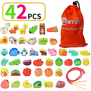 BMTOYS Montessori Educational Threading Toys Wooden Stringing Farm Animals Fruits Lacing Beads Preschool Toy for Toddler 3 4 5 Year Old Boys Girls