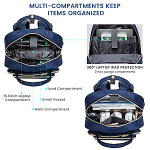 LOVEVOOK 15.6 Inch Laptop Backpack for Women,Fashion Work Travel Backpack,Waterproof Day Pack Purse for Teacher Nurse, Navy Blue.