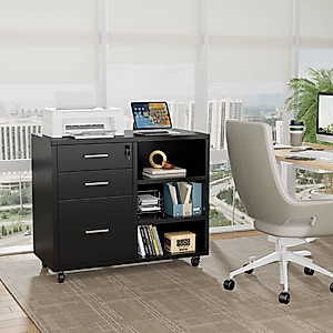Kemon 3 Drawer Wood File Cabinet Mobile Lateral Filing Cabinet with Lock Printer Stand with Open Adjustable Storage Shelves for Home Office Organization Hanging Letter/Legal/F4/A4(Black)