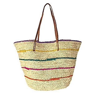 Mar Y Sol Cielo Striped Crocheted Raffia Straw Carryall Tote Bag, Natural/Multi
