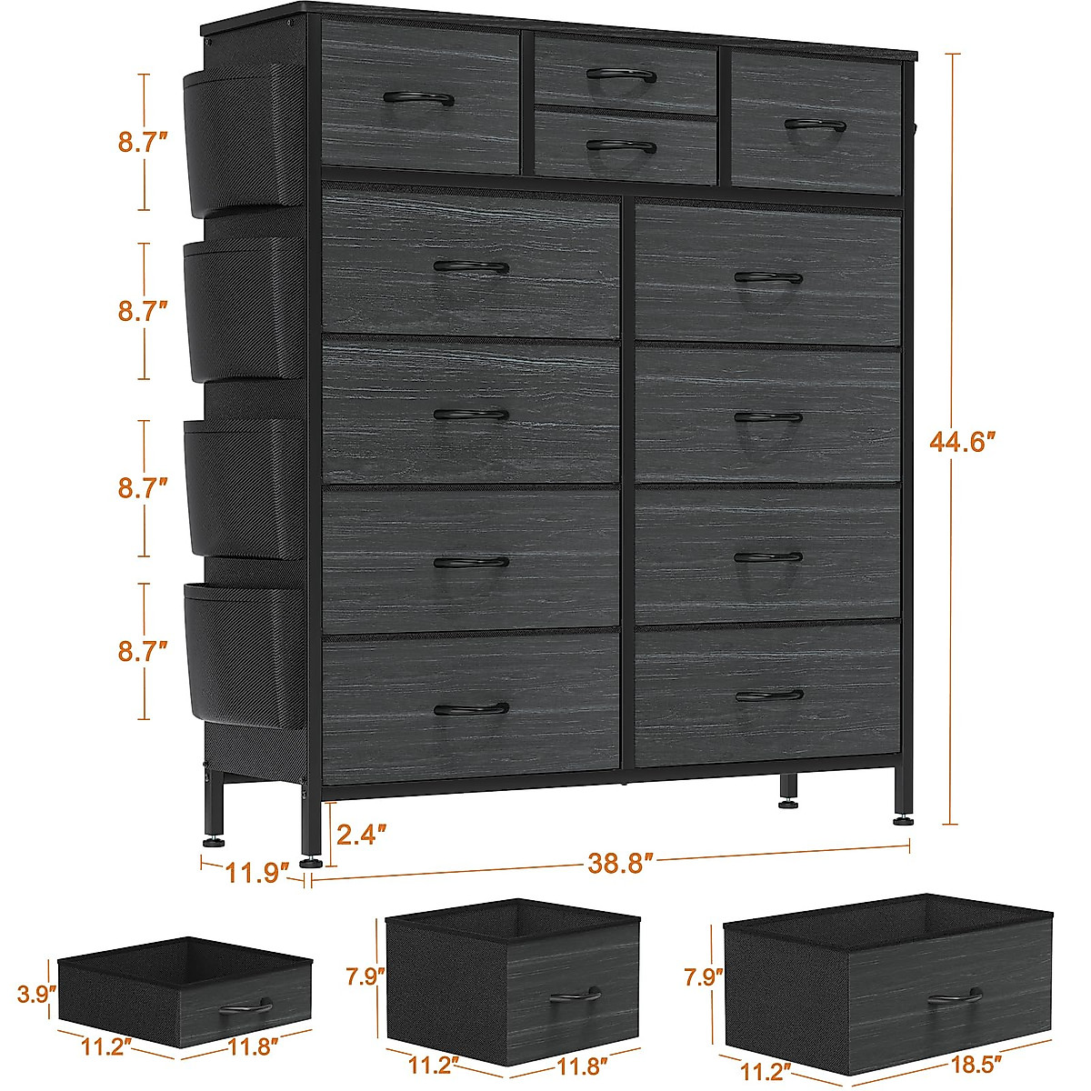 YaFiti Dresser for Bedroom with 12 Drawers, Chest of Drawers with Side Pockets and Hooks, Fabric Dresser Drawers for Living Room, Hallway, Entryway (Black Wood Grain)