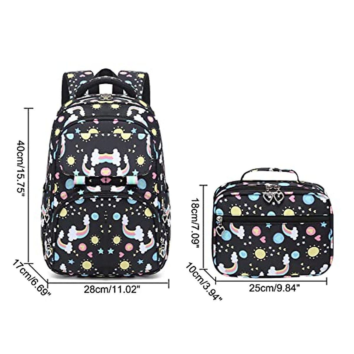 JiaYou Girls Backpack Sets Primary School Bookbag Rainbow Pattern Daypack with Lunch Bag(Black,19 Liters)