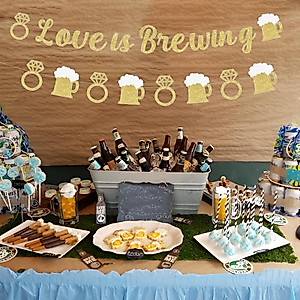 Cheereveal Beer Themed Bridal Shower Decorations, Love Is Brewing Banner Sign, Gold Glitter Beer Diamond Ring Garland for Bachelorette Wedding Engagement Anniversary Party Supplies