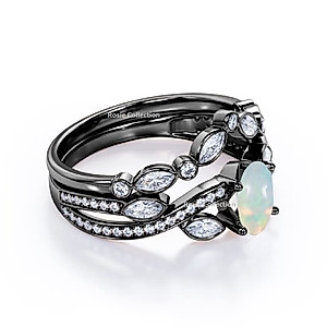 Rosie Collection Oval Shaped Created Opal & CZ 14K Black Gold Over 925 Sterlnig Silver V Shaped Chevron Wedding Bridal Ring Set 5.5