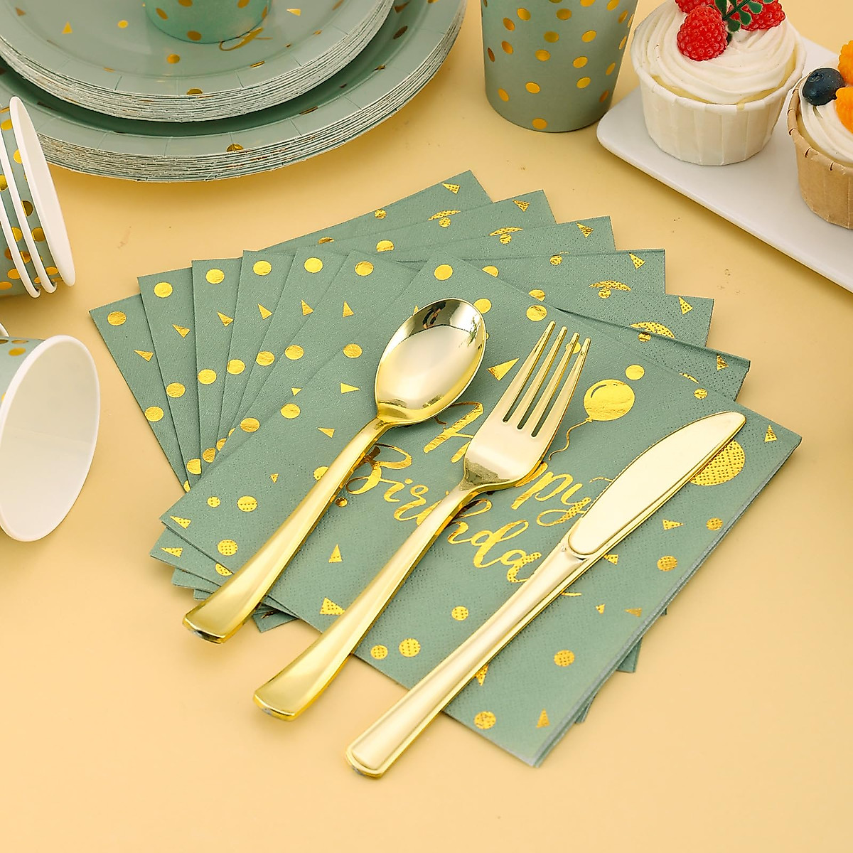 175 Pcs Sage Green Birthday Decorations - Sage Green Birthday Plates and Napkins Party Supplies Serve 25 Guests - Sage Green and Gold Birthday Paper Plates for Girls Women Happy Birthday Party Decor