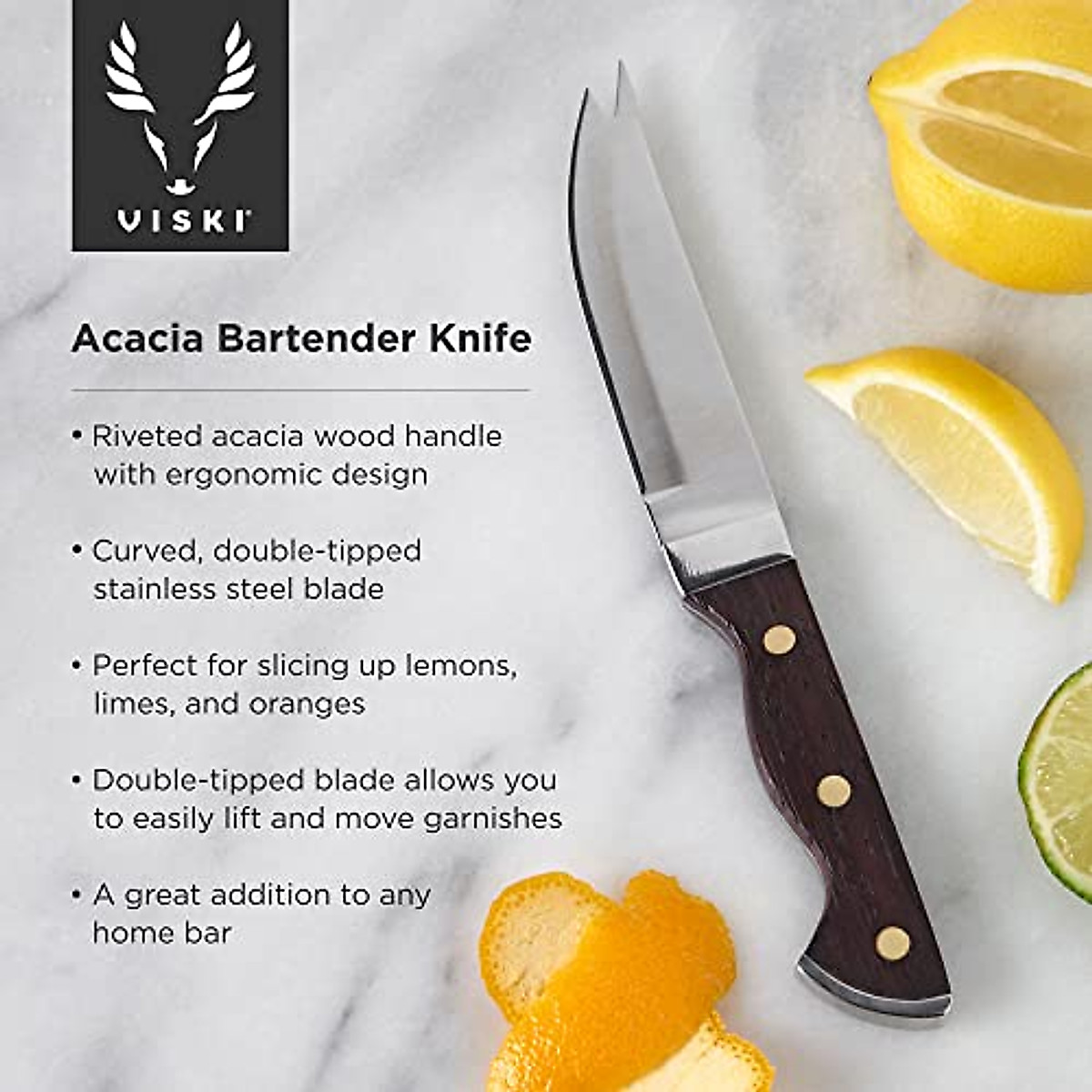 Viski Bartender Knife, 7 Inch Knife, Acacia Wood Handle, Double Tipped Stainless Steel Blade, Bar Knife, Riveted Base, Set of 1