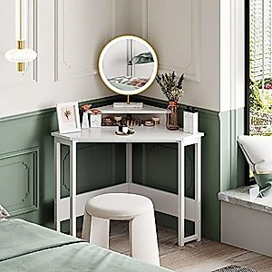 ODK Corner Desk Space Saving Small Desk with Sturdy Steel Frame, Computer Desk with Monitor Stand for Small Space, Easy Assembly Triangle Vanity Desk with Durable Wooden Desktop (White)