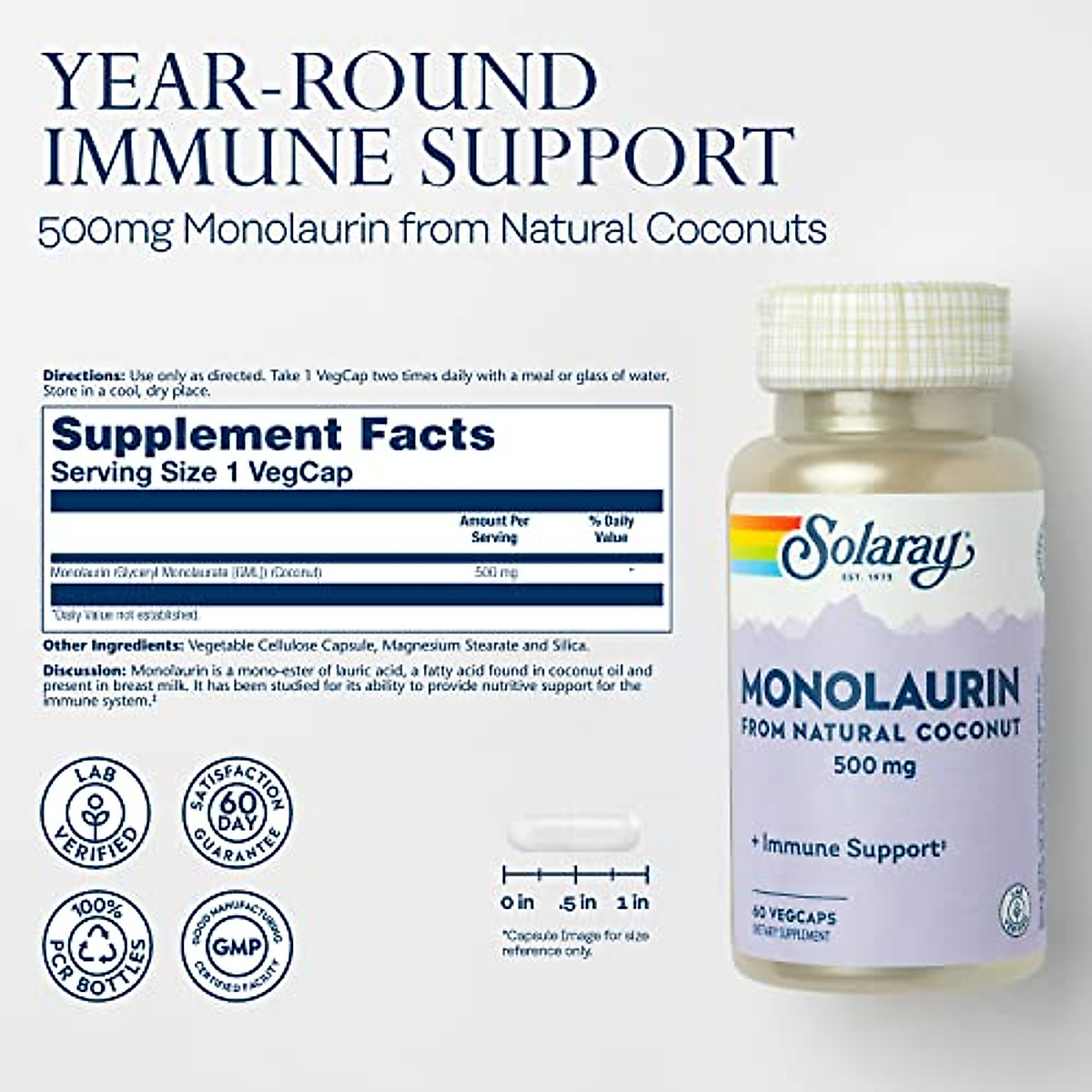 SOLARAY Monolaurin 500mg Immune Support Supplement, from Natural Coconut, Helps Maintain Immune & Gut Health & a Balanced Gut Flora, 60-Day Money Back Guarantee, 60 Servings, 60 VegCaps