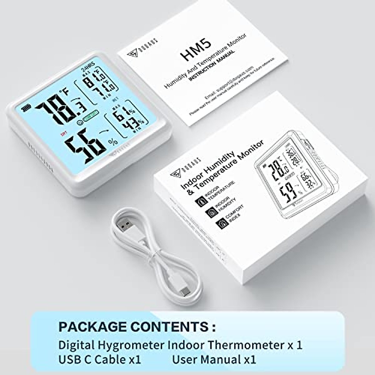 DOQAUS Digital Hygrometer Indoor Thermometer for Home, Room Thermometer with 3s Fast Refresh & Max Min Records, Temperature Humidity Monitor Meter with Touch LCD Backlight, USB Rechargeable