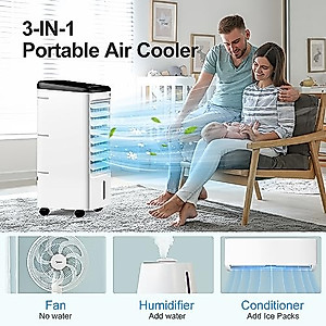 Cozzyben Air Conditioner Portable No Window Ventless Ac Unit Ductless Evaporative Swamp Cooler Ice Fan 12H Timer 4 Ice Pack Removable Water Tank for Room Bedroom Indoor