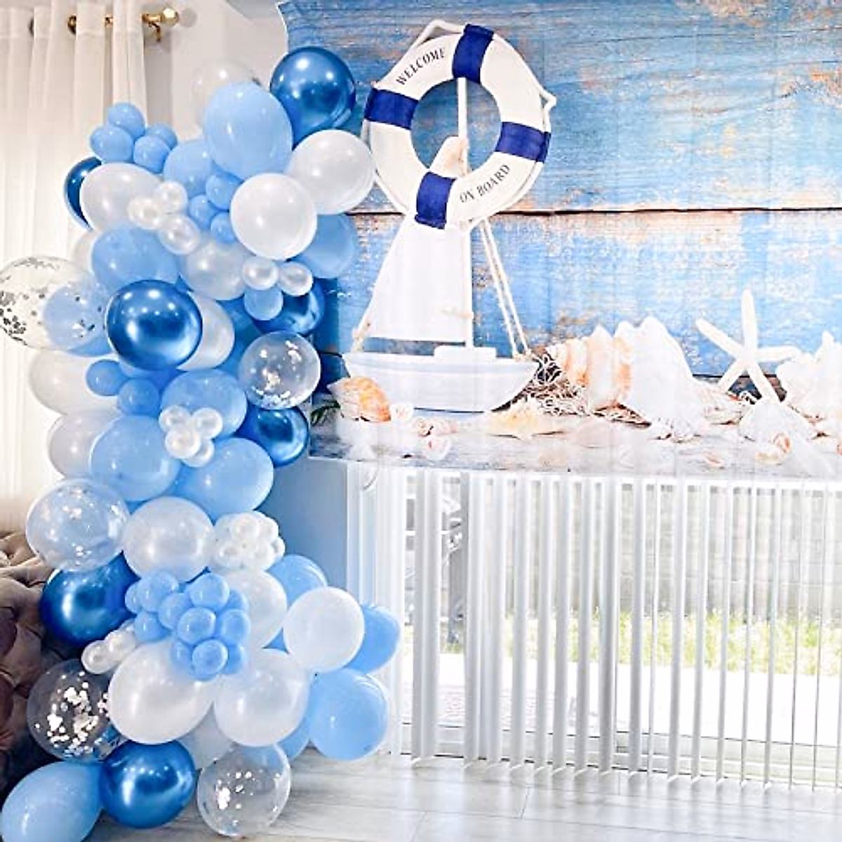 Blue Balloon Garland Arch Kit, Metallic Blue White and Silver Confetti Latex Balloons for Baby Shower Birthday Wedding Graduation Anniversary Frozen Winter Wonderland Party Background Decorations