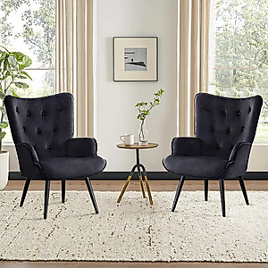 Furniliving Boucle Accent Chair for Living Room, Upholstered Reading Chair with High Backrest, Tufted-Button Wingback Armchair for Bedroom, Dressing Room, Home Office, Black