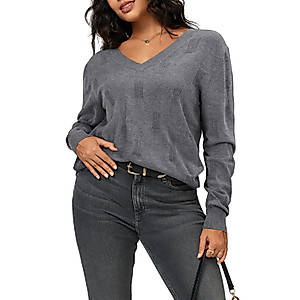 Arach&Cloz Womens Spring Tops 2025 Fashion Plus Size V Neck Long Sleeve Shirt Knitted Pullover Sweater Clothes Grey XL