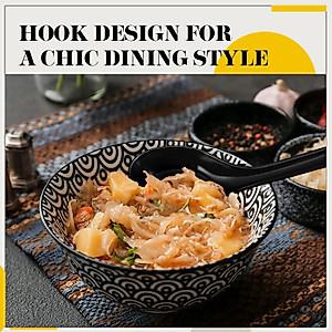 Hushee 100 Pcs Asian Soup Spoon Chinese Soup Spoons Bulk Large Melamine Noodle Ramen Spoons Reusable Japanese Soup Spoon Wonton Rice Dumpling Pho Spoon with Hook for Home Kitchen Restaurant (Black)