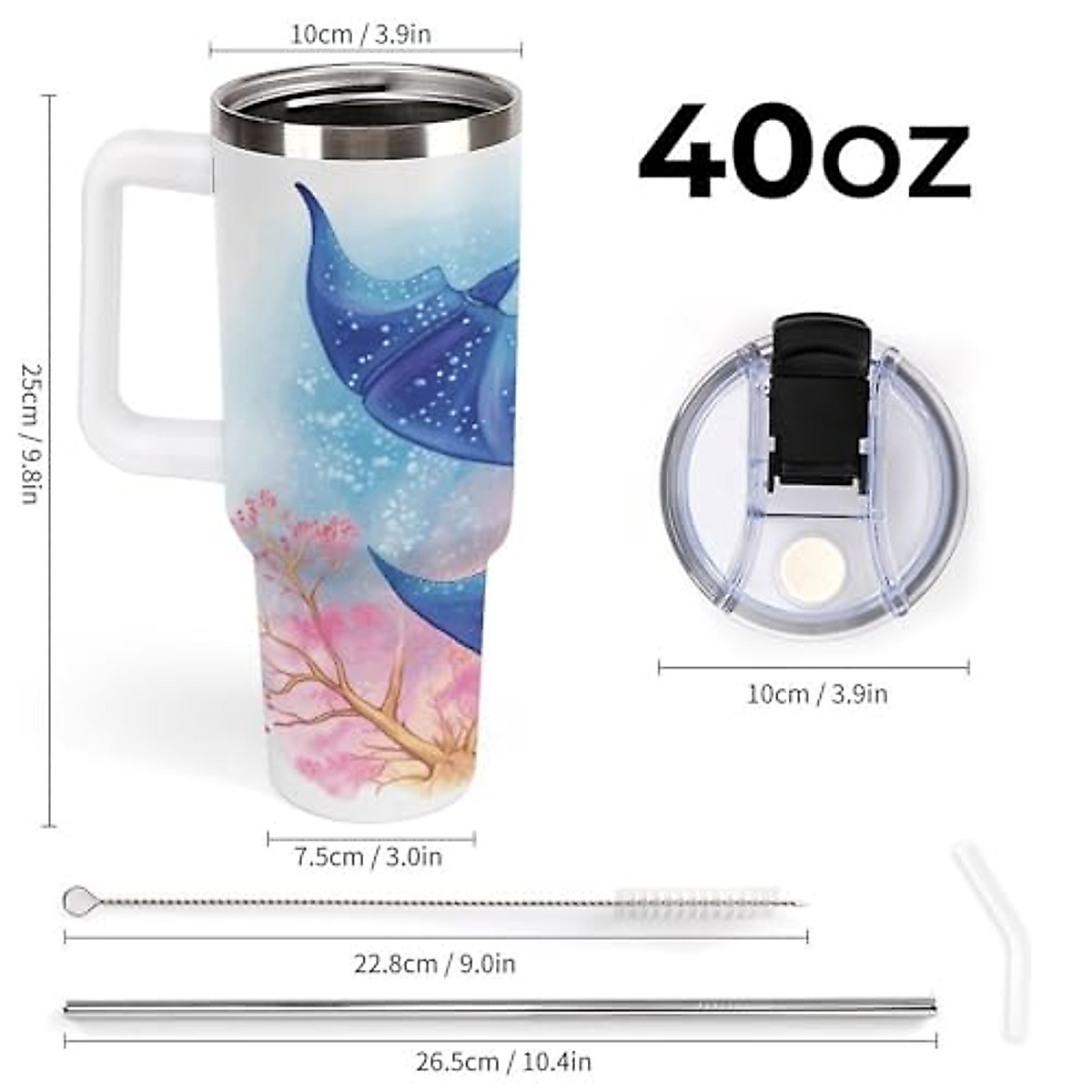 WYUSPGK 40oz Stainless Steel Car Mug, Sea Animals Stingrays Print Travel Mug, Double-Wall Insulated with Straw, Perfect for Car, Office, Outdoor