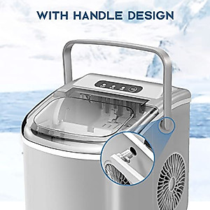 Portable Countertop Ice Maker Machine with Handle, 9 Bullet-Shaped Ice Cubes Ready in 6 Mins, 26Lbs/24H, Self-Cleaning Function with Ice Scoop and Basket for Home/Kitchen/Party (Grey)