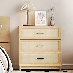 Vrullu 3 Drawer Dresser for Bedroom, Natural Rattan Modern Chest of Drawers, Wood 3 Drawer Nightstand with Upgrade Rails, Boho Dresser for Bedroom, Hallway, Living Room (1, Natural Color)