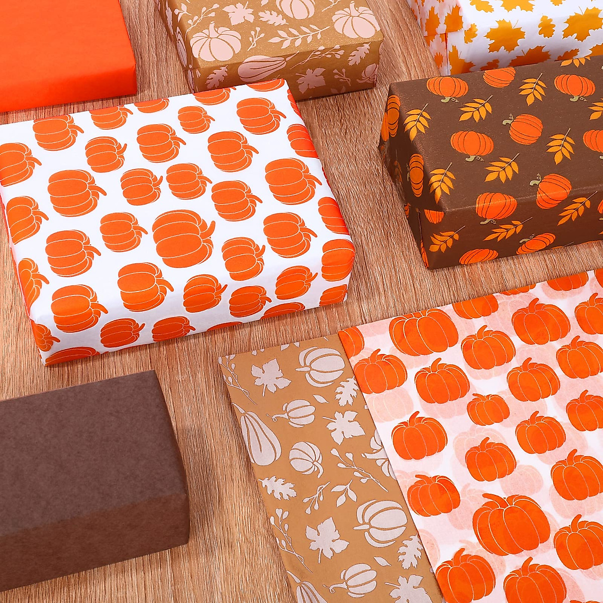 Whaline 160 Sheets Fall Tissue Paper Folded Flat Pumpkin Wrapping Paper Thanksgiving Gift Wrapping Tissue Paper Rustic Art Paper Crafts for Home DIY Gift Bags Party Favor Autumn Decor, 14 x 20inch