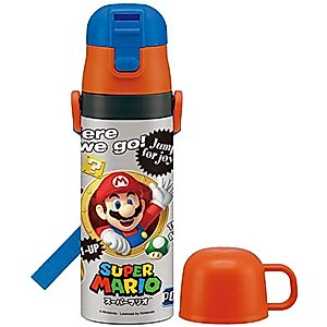 Skater SKDC4 Children's Water Bottle, 2-Way, Direct Drinking, One-Touch Cup Included, Super Mario, Diameter 2.7 x Height 9.1 inches (68 x 230 mm), 15.2 fl oz (430 ml), Stainless Steel, Kids Boys