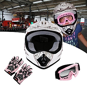 TCMT Youth Pink Butterfly Dirt Bike ATV Helmet Motocross with Goggles and gloves Large