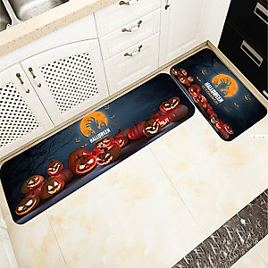 ROTORS Halloween Kitchen Rugs Set of 2 Pieces,Pumpkin Scarecrow Non Slip Kitchen Mat Halloween Fall Home Decoration, Comfort AntiFatigue Kitchen Floor Mat