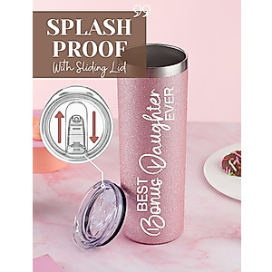 Onebttl Bonus Daughter Gift - 20oz Stainless Steel Travel Mug With Lid and Straw for Birthday, Christmas or Thanksgiving - Best Daughter Ever Glitter Rose