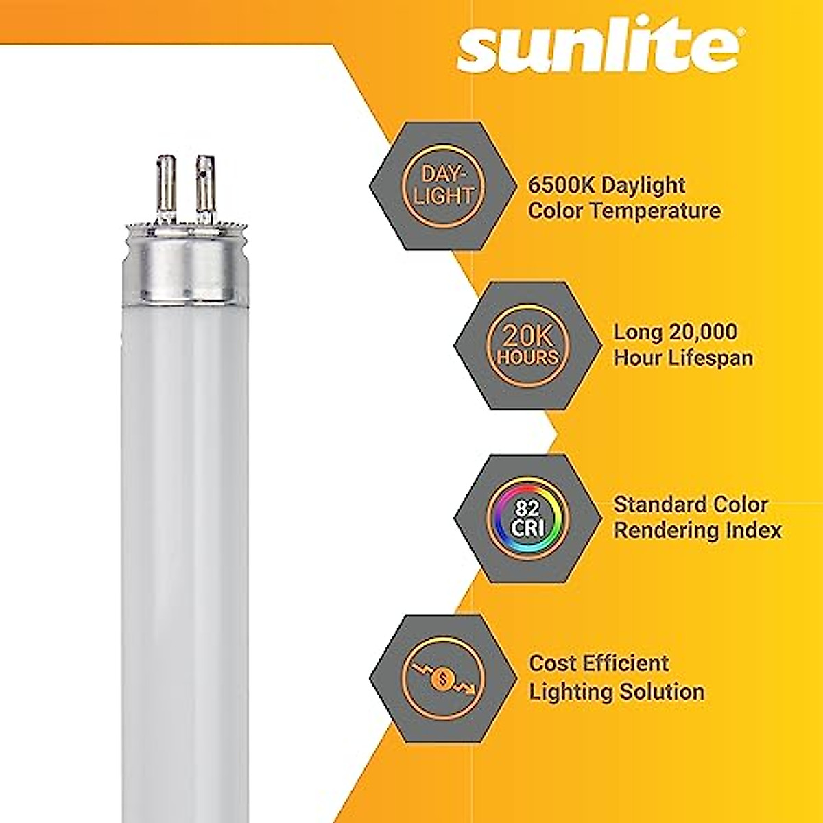 Sunlite 30314 F14T5/865 2 Foot T5 Linear Fluorescent Lamp, 14 Watts, 1200 Lumens, 6500K Daylight, Miniature G5 Bi-Pin Base, ROHS Compliant, High Performance Straight Tube, 40 Pack