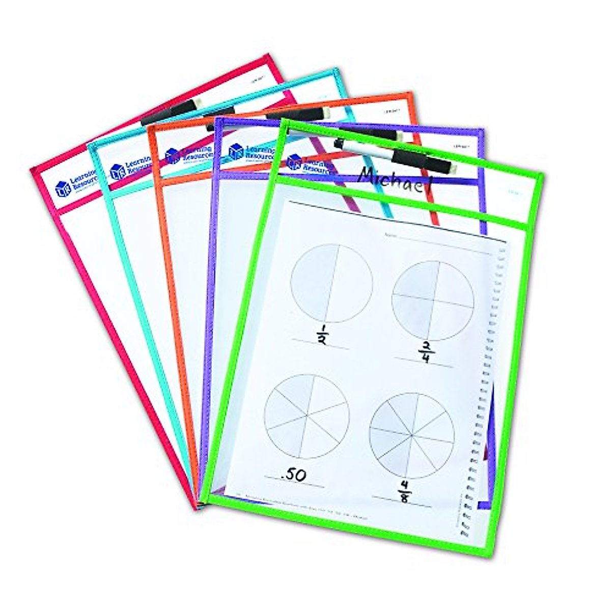 Learning Resources Write and Wipe Pockets, 5 Colorful Classroom Dry Erase Pockets, Ages 3+