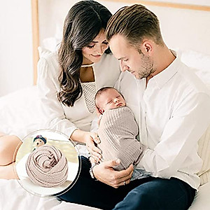 SPOKKI 3 Pcs Newborn Photography Props Outfits Set, Knitted Blanket for Baby Photo Props, Beige Elastic Wrap for Photoshoot, Flower Headband for Infant Boys Girls, Baskets Filler Posing Props