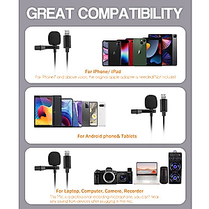 Professional lavalier Microphone for iPhone, Condenser Microphone for Phone Recording and Video Recording, lavalier Microphone for YouTube, interviews, Meetings, and with iPhone/iPad/iPod