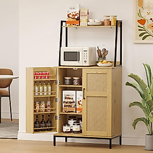 Lifewit 49.6" Kitchen Pantry Storage Cabinet with Rattan Doors&Adjustable Shelves, Microwave Stand Coffee Bar Cabinet for Dining, Living Room, Natural