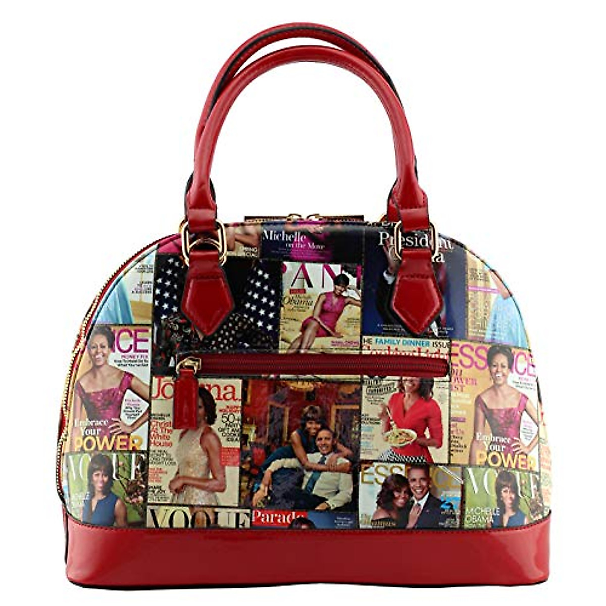 Glossy magazine cover collage dome satchel bag purses bowling bag Michelle Obama bags with wallet set 2 in 1 (MULTI/RD)