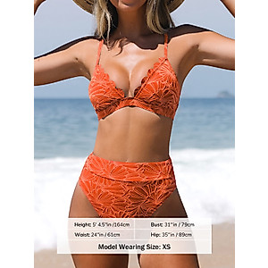 CUPSHE Bikini Set for Women Bathing Suit High Waisted Scalloped V Neck Two Pieces Swimsuit, L Coral Orange