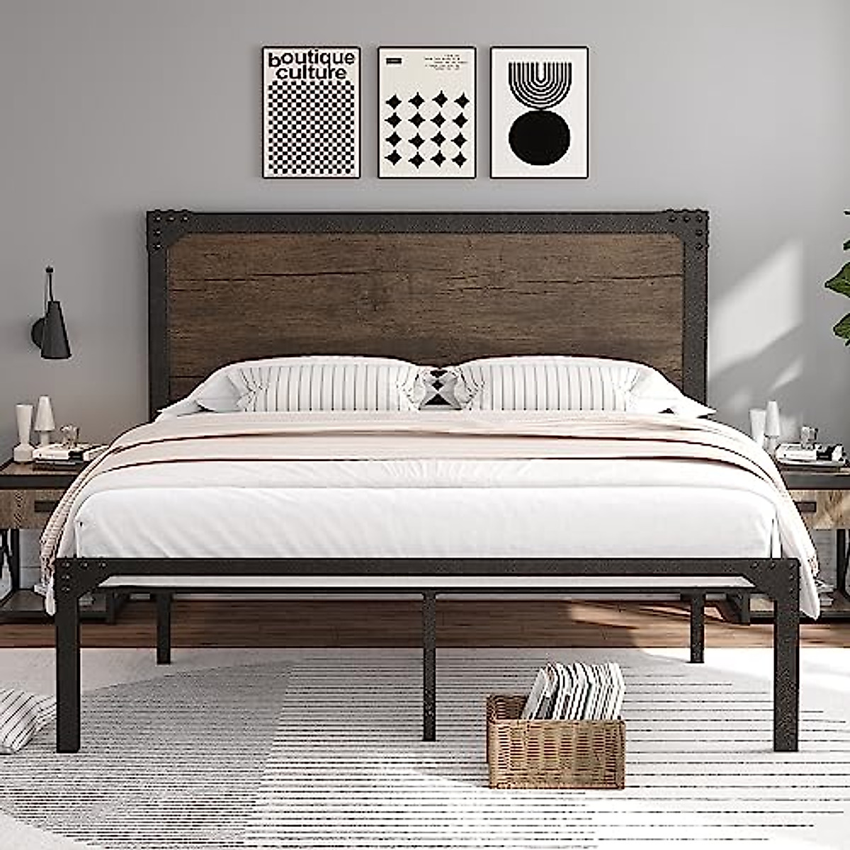WEEWAY Queen Size Metal Platform Bed Frame with Wood Headboard, Industrial Rivets Design, Large Under Bed Storage, Mattress Foundation, No Box Spring Needed, Brown