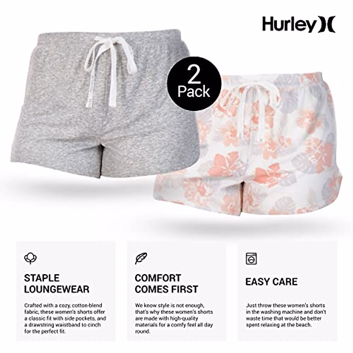 Hurley Pajama Shorts for Women, Hot Summer Shorts for Women Lounge Shorts, Fun Cute Comfy Sleep Shorts for Women 2-Pack