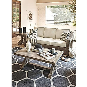 Signature Design by Ashley Beachcroft Outdoor Wicker Patio Sofa with Cushion and 2 Pillows, Beige, Light Gray