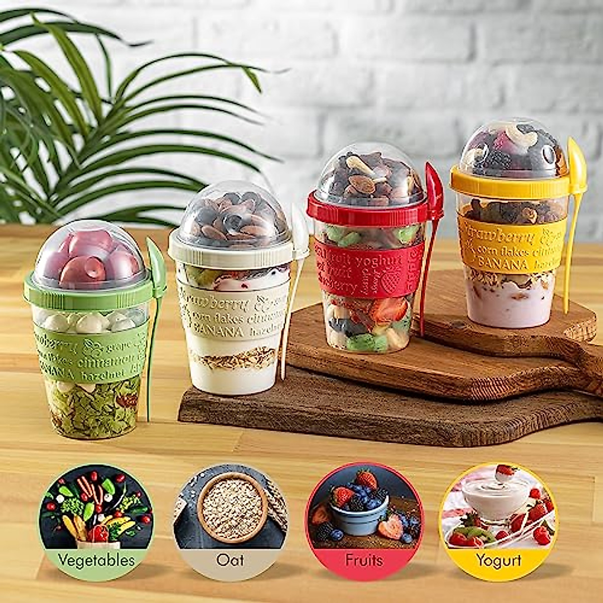 SUMELA Overnight Oats Containers With Lids & Spoon, Meal Prep Yogurt Containers, Parfait Cups With Lids, Large Capacity Crunch Cup, 20 Oz BPA Free Reusable Cups(Set Of 4)