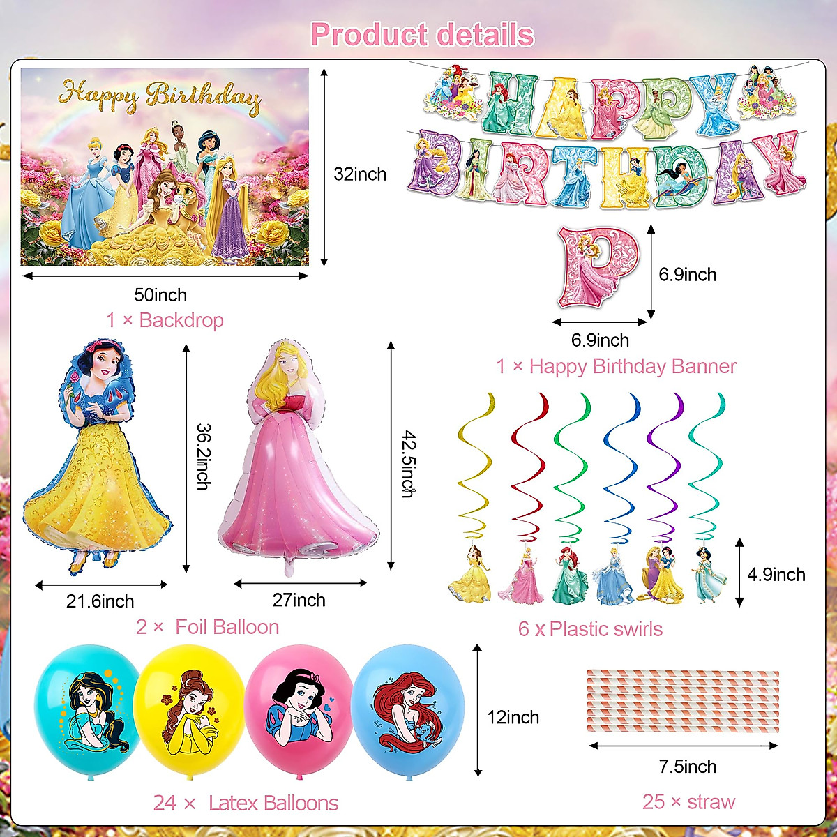 BOSMAT Princess Birthday Decorations, Princess Party Supplies Includes Balloons, Happy Birthday Banner, Cake＆Cupcake Topper, Plates, Napkins, Cup, Tablecloth , Foil Balloon and Backdrop