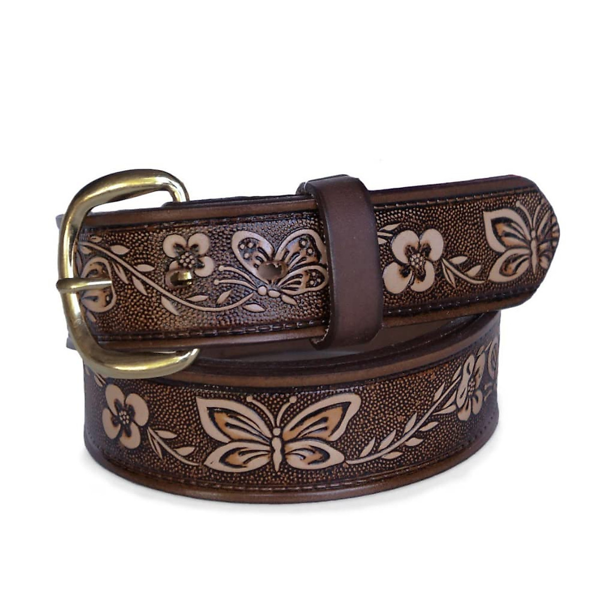R.G. BULLCO 1-1/2" Handcrafted Women's Leather Belt - Butterfly & Floral Embossed, Full Grain Leather - Brown - Size 40 - RGB-5517