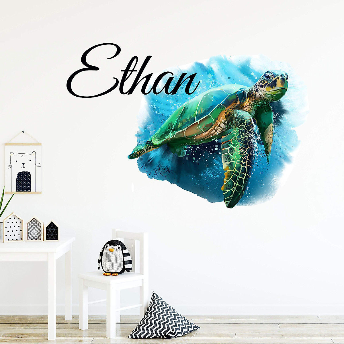 Boys Nursery Sea Turtle Printed Custom Name Personalized Vinyl Wall Decal Wall Sticker Lettering Decor (Large)
