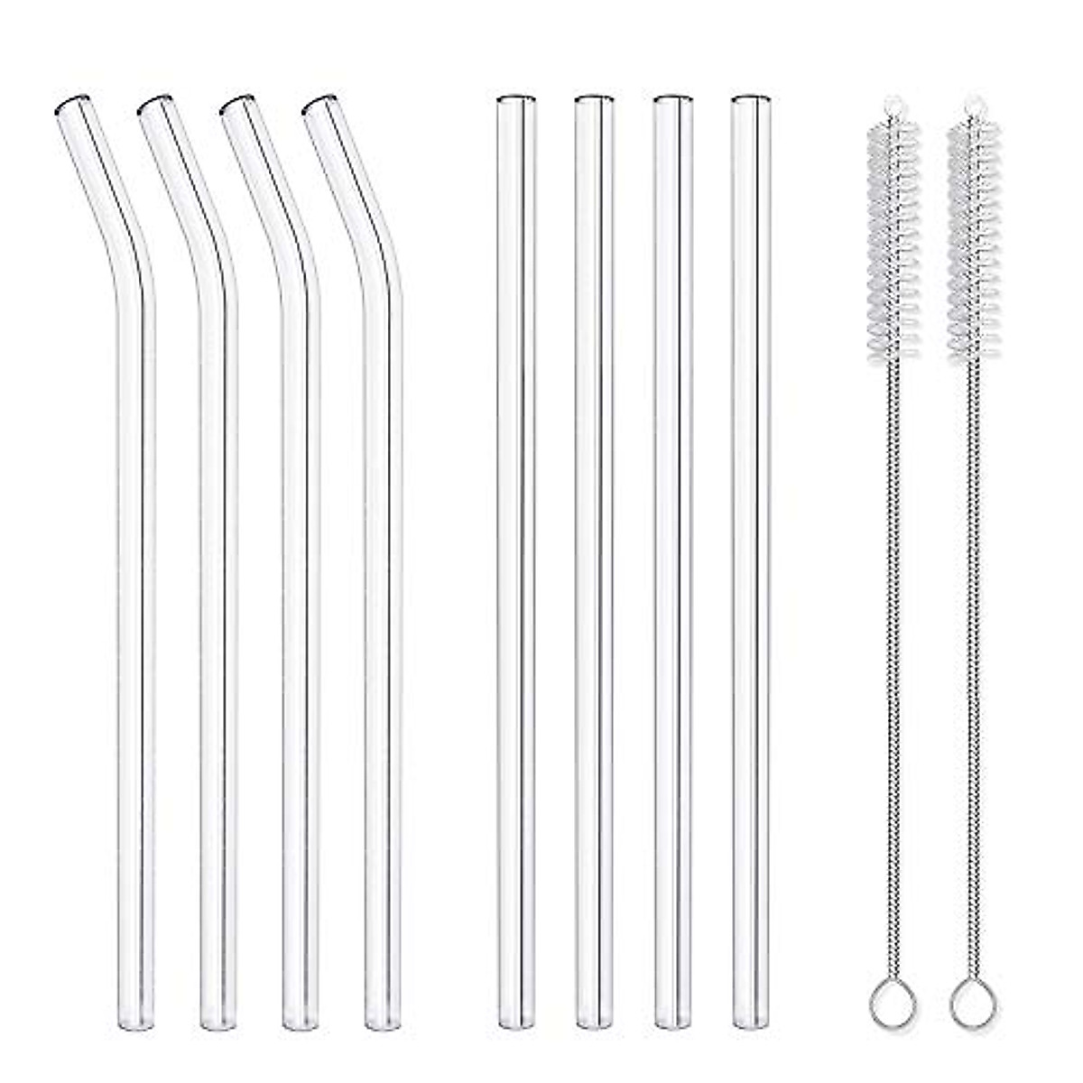 8 Pack Reusable Glass Drinking Straws - 10" x 10 mm - Smoothie Straws for Milkshakes, Frozen Drinks, Smoothies, Bubble Tea - Environmentally Friendly