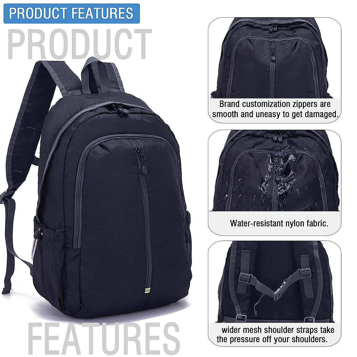 YZAOLL 25L Lightweight Packable Hiking Backpack Waterproof Hiking Daypack for Women Men Gym Backpack Travel Camping Vacation,Black